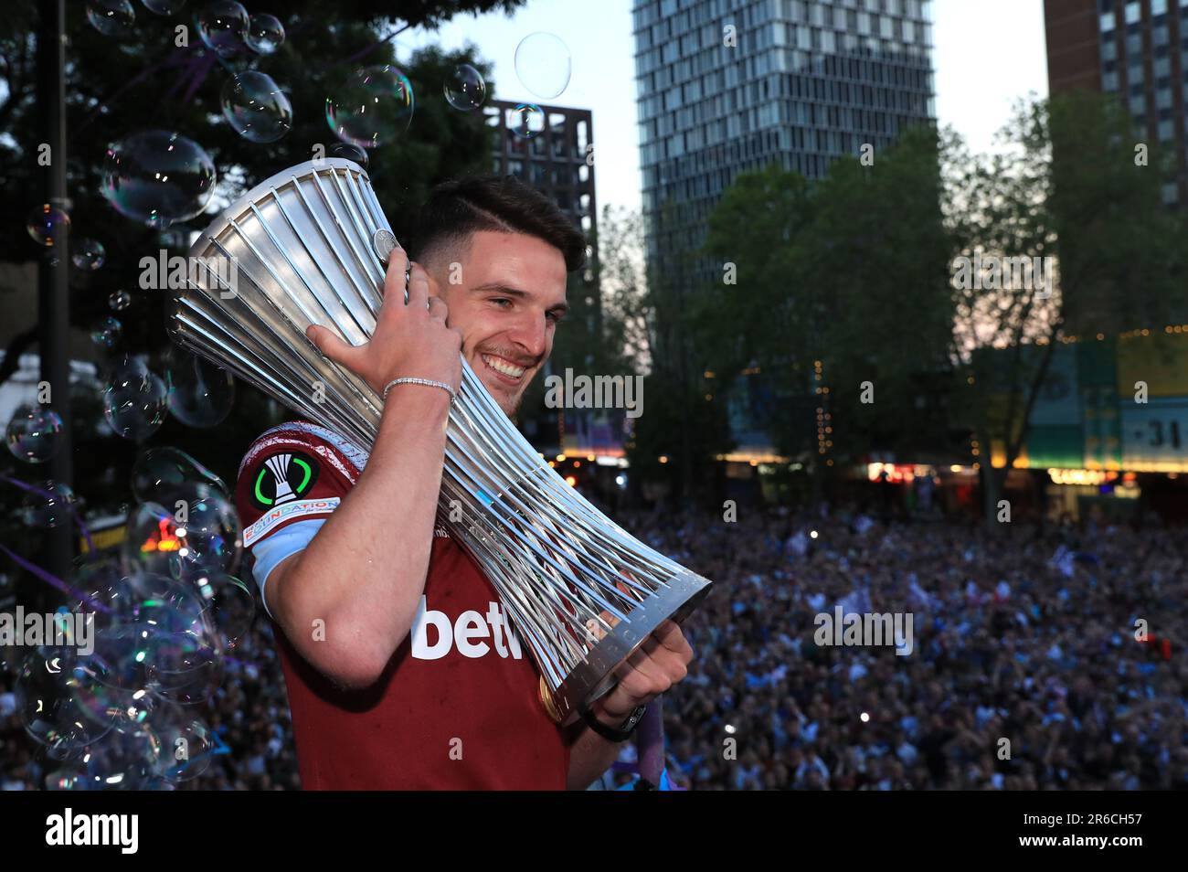West Ham United's Declan Rice poses with the trophy at the Old Town ...