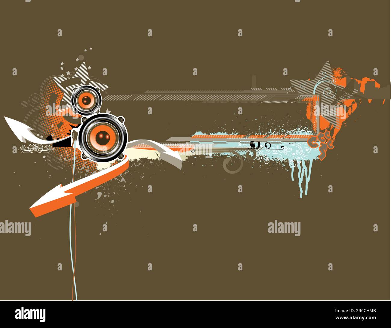 Vector illustration of urban music grunge frame with stars and speakers ...