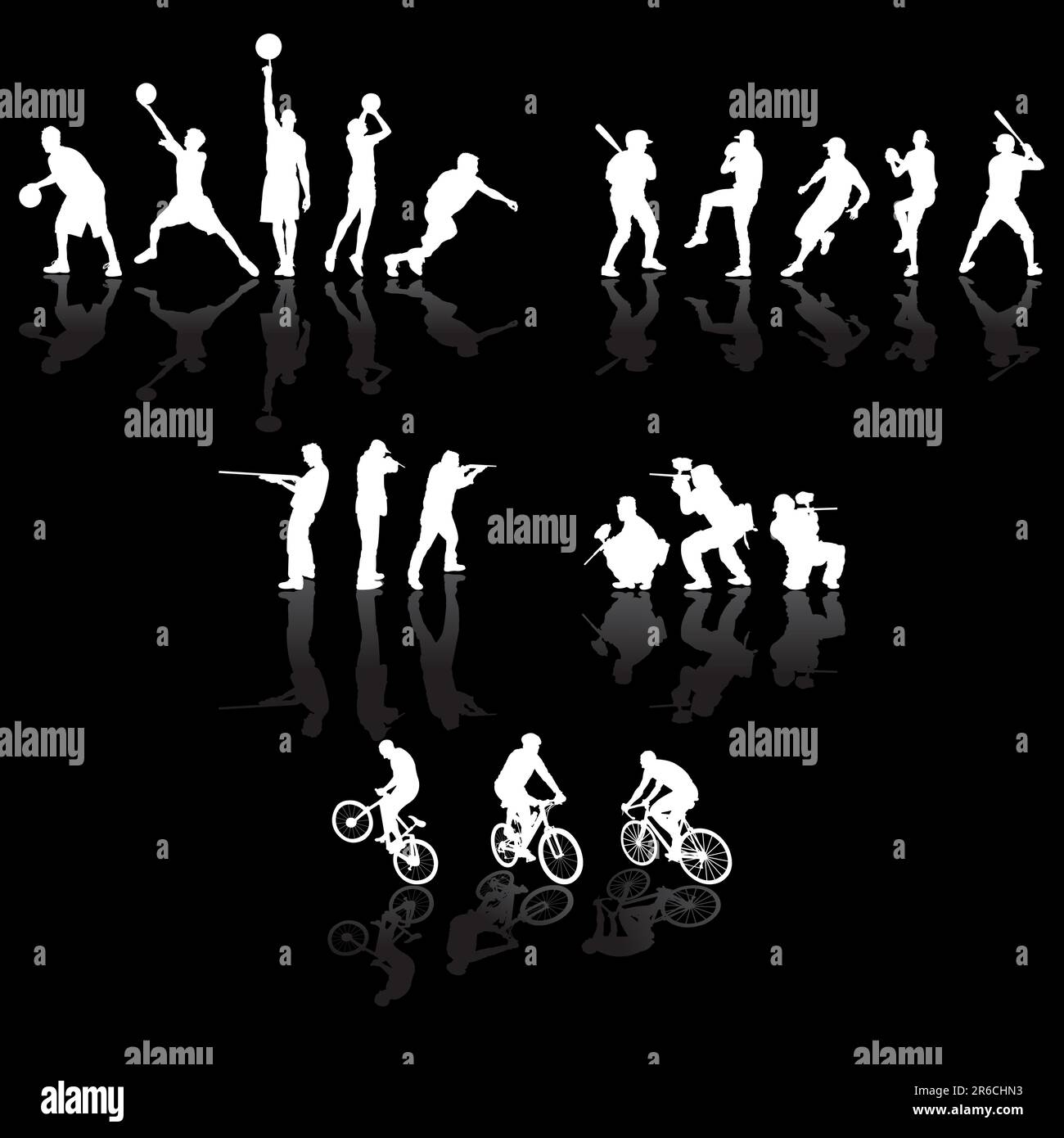 basketball, baseball, paintball, hunter and bicyclists silhouettes with ...