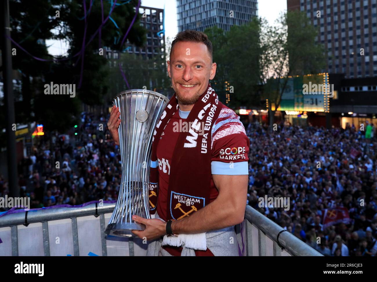 West Ham United's Vladimir Coufal poses with the trophy at the Old Town Hall in Stratford ...