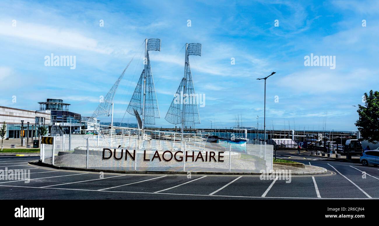 A sculpture of a sail boat at the entrance to Dun Laoghaire Harbour ...