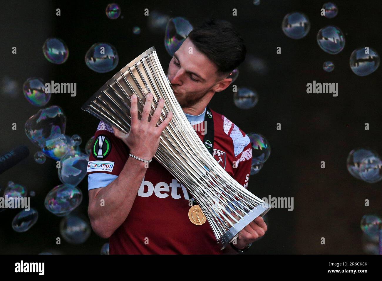 London, UK. 08th June, 2023. Declan Rice of West Ham United kisses the ...