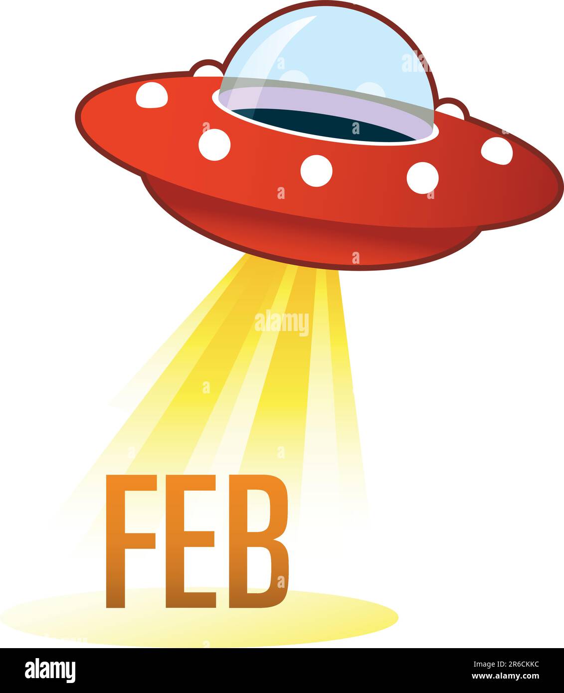 February calendar month icon on retro flying saucer UFO with light beam ...