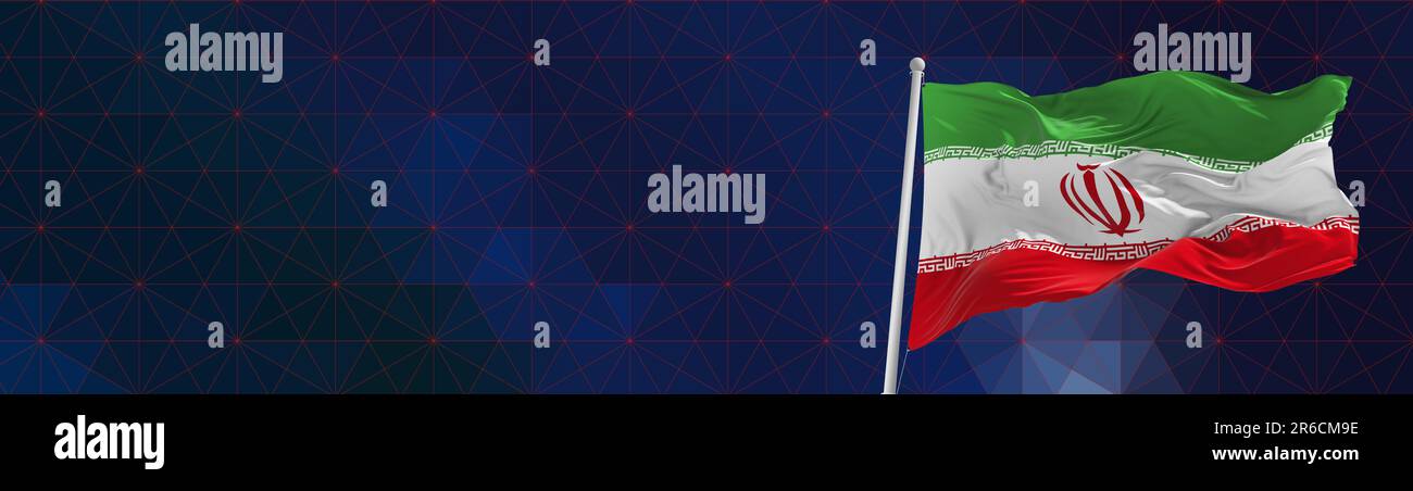 official flag of Iran waving at colorful background, panoramic view ...