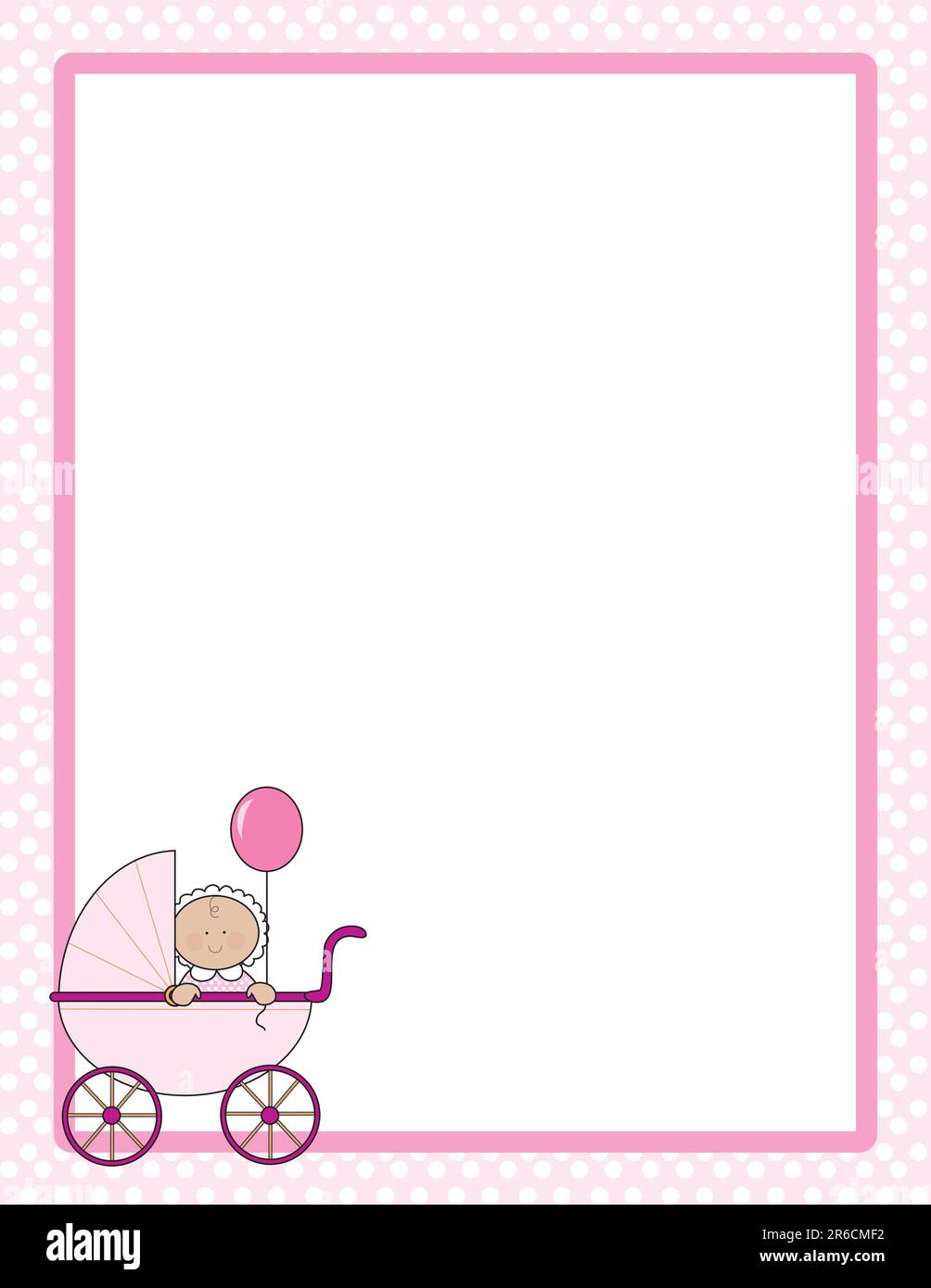 Polka dot border with baby girl in a carriage in one corner Stock ...