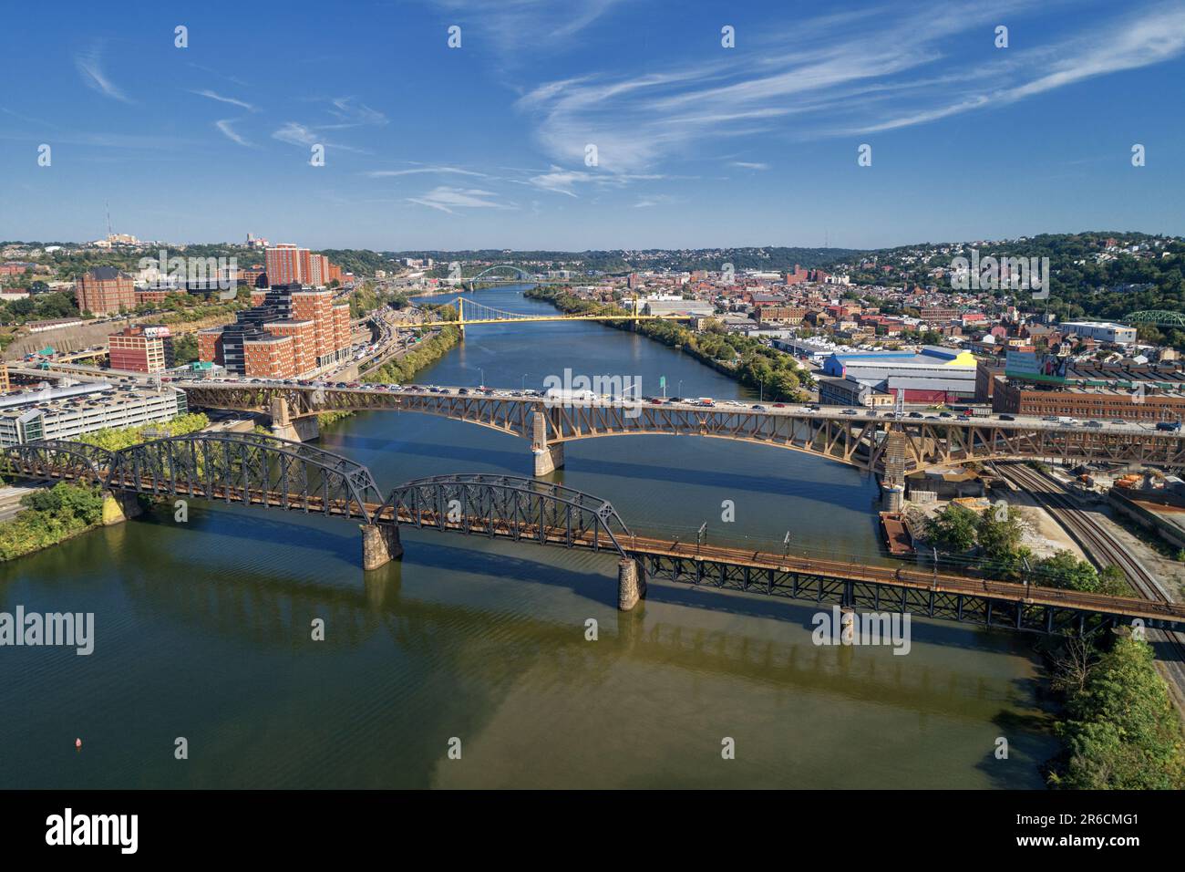 Pittsburgh Skyline with Downtown and Business District. Train Bridge ...