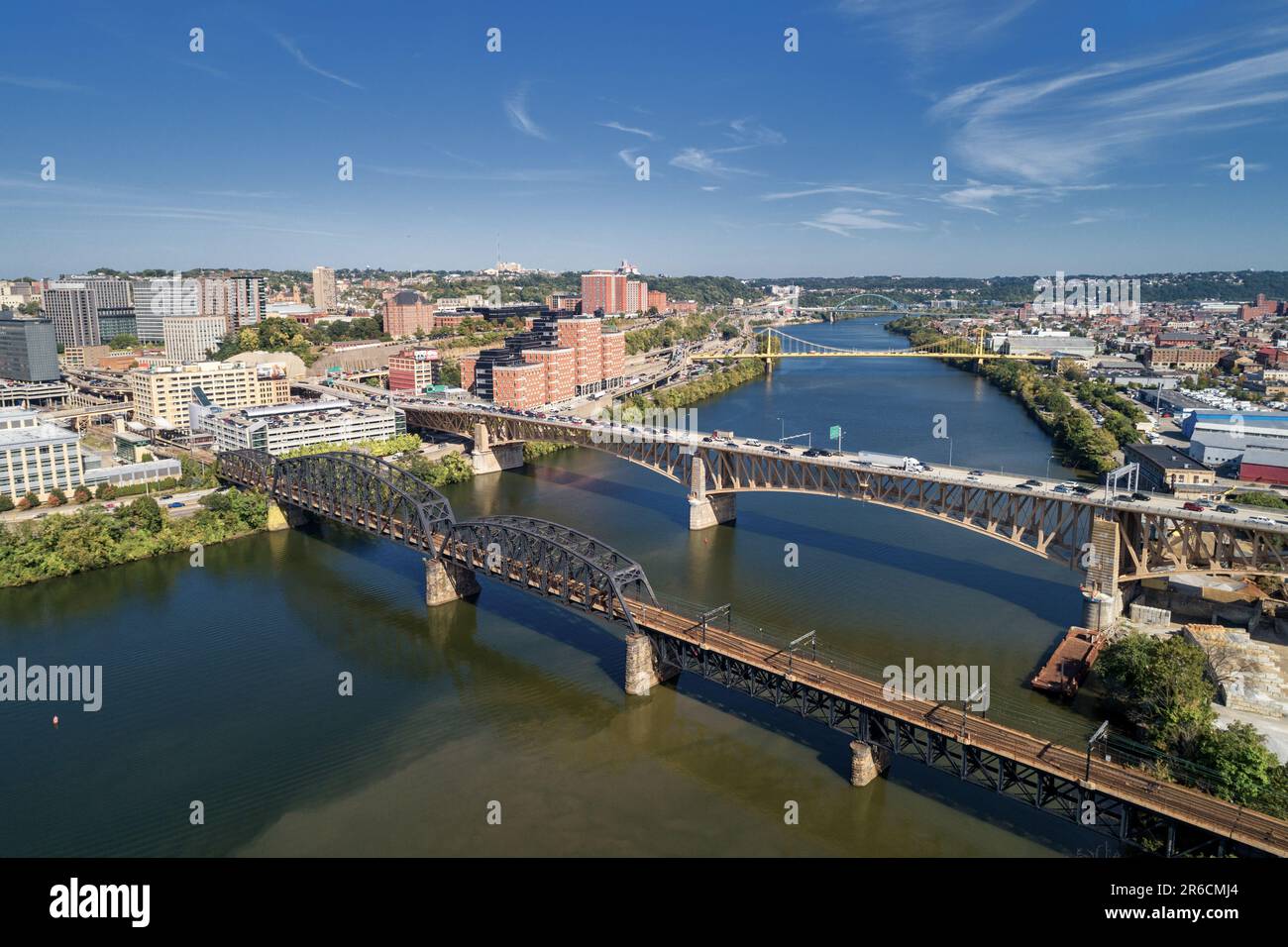 Pittsburgh Skyline with Downtown and Business District. Train Bridge ...