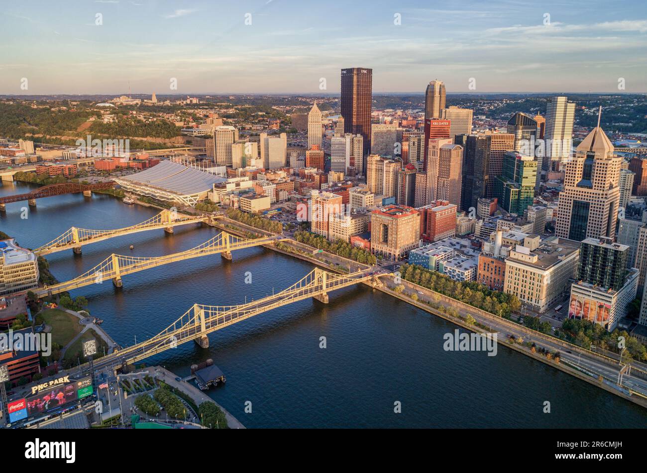 Aerial view of Pittsburgh, Pennsylvania. Business district and river in ...