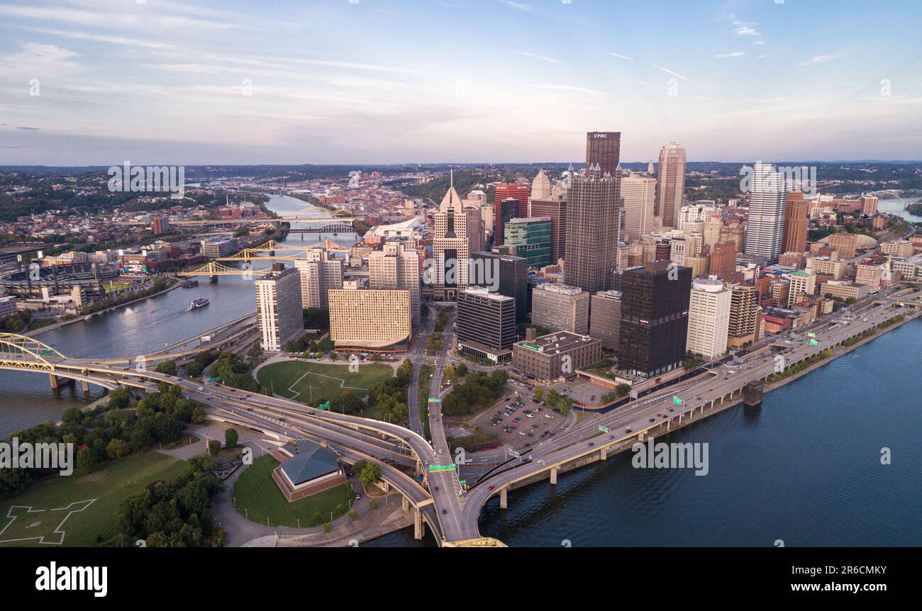 Aerial view of Pittsburgh, Pennsylvania. Business district and river in ...