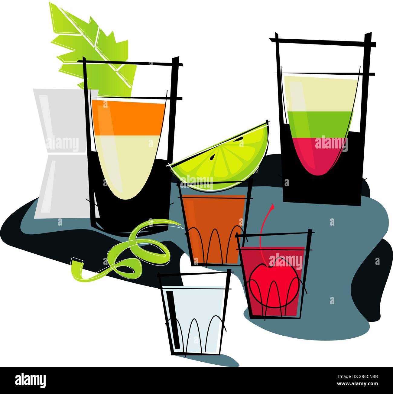 Retro-stylized cocktail spot illustration: shots and shooters Stock ...