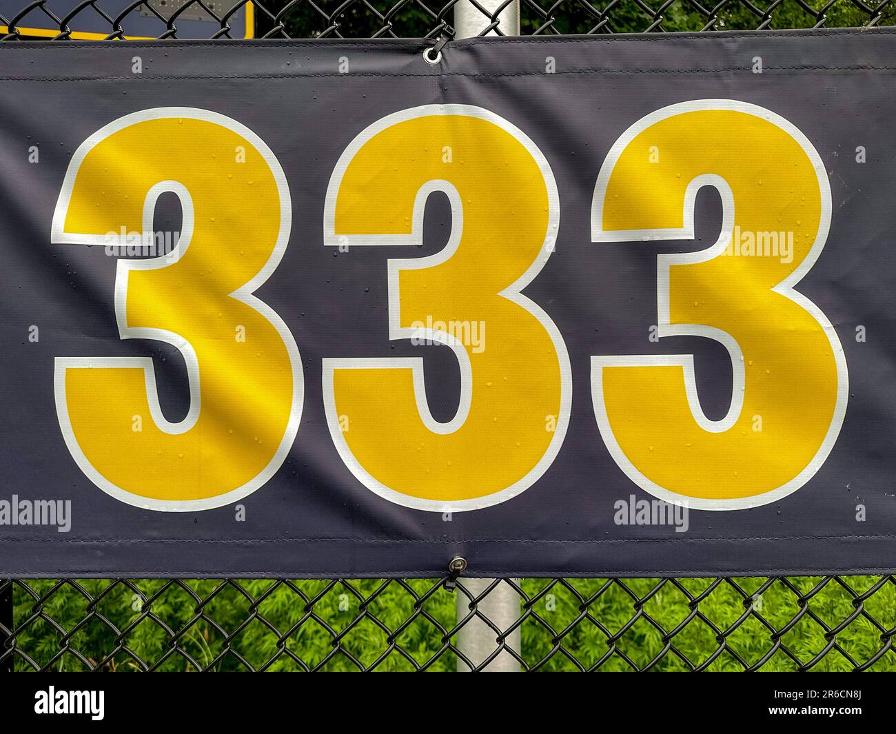 333 foot ft baseball field distance sign in yellow and black mounted on ...