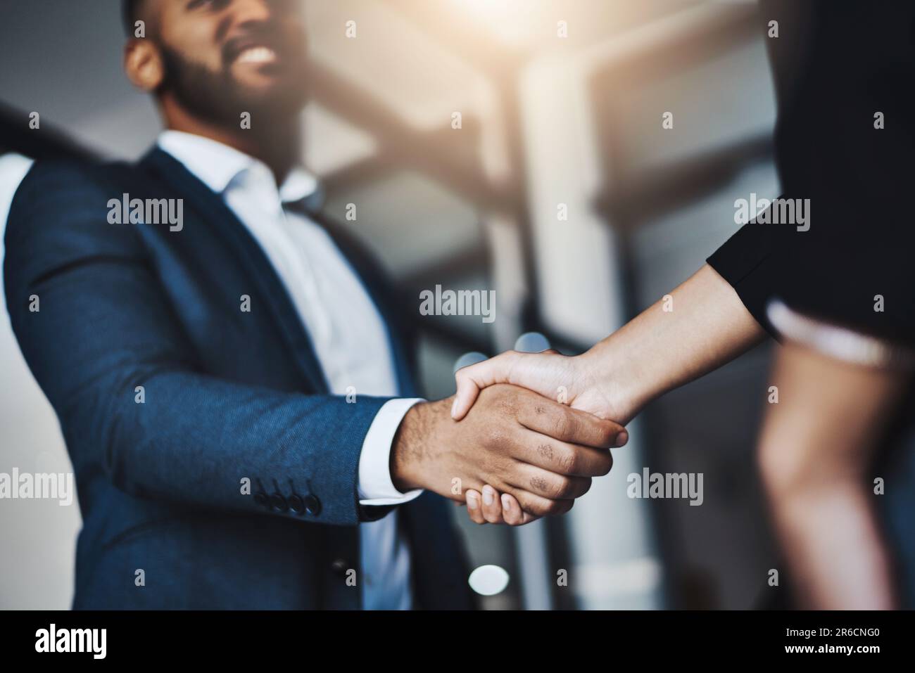 Hand shake, man and woman with low angle in office for welcome, b2b ...