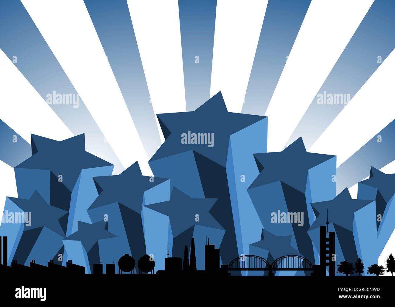Silhouette buildings. City skyline over blue stars and stripes Stock ...