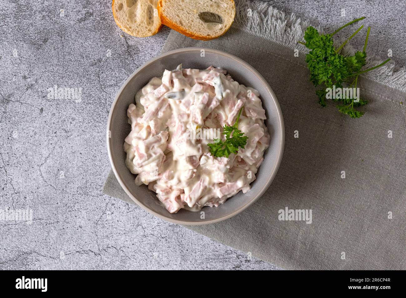 Traditional German meat salad with pickled cucumbers. Top view Stock ...
