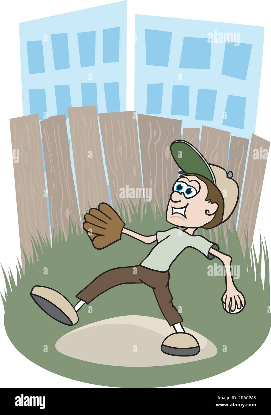 Illustration of a boy playing baseball in an inner city baseball field ...