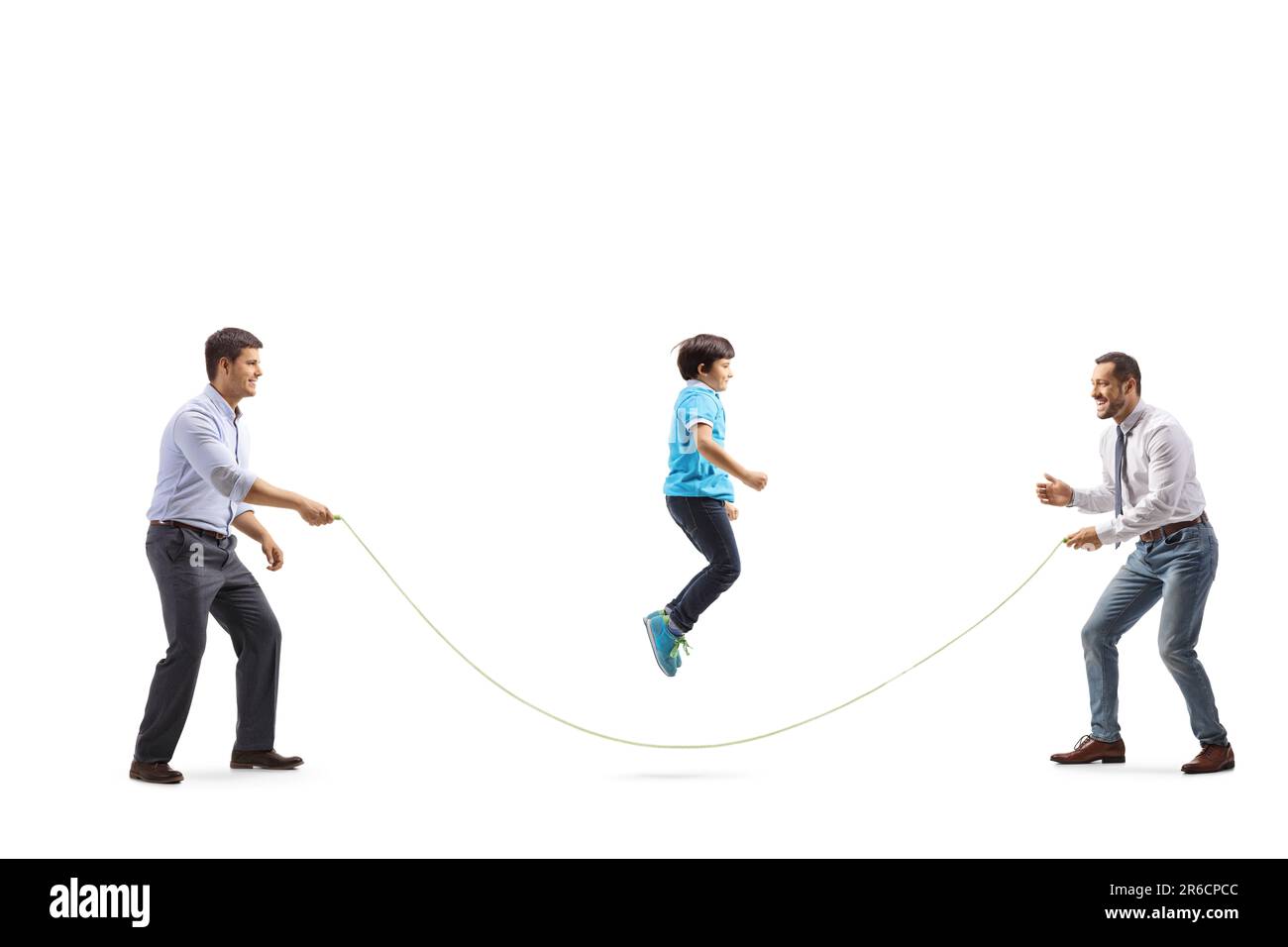 Men and a boy playing skipping rope isolated on white background Stock ...