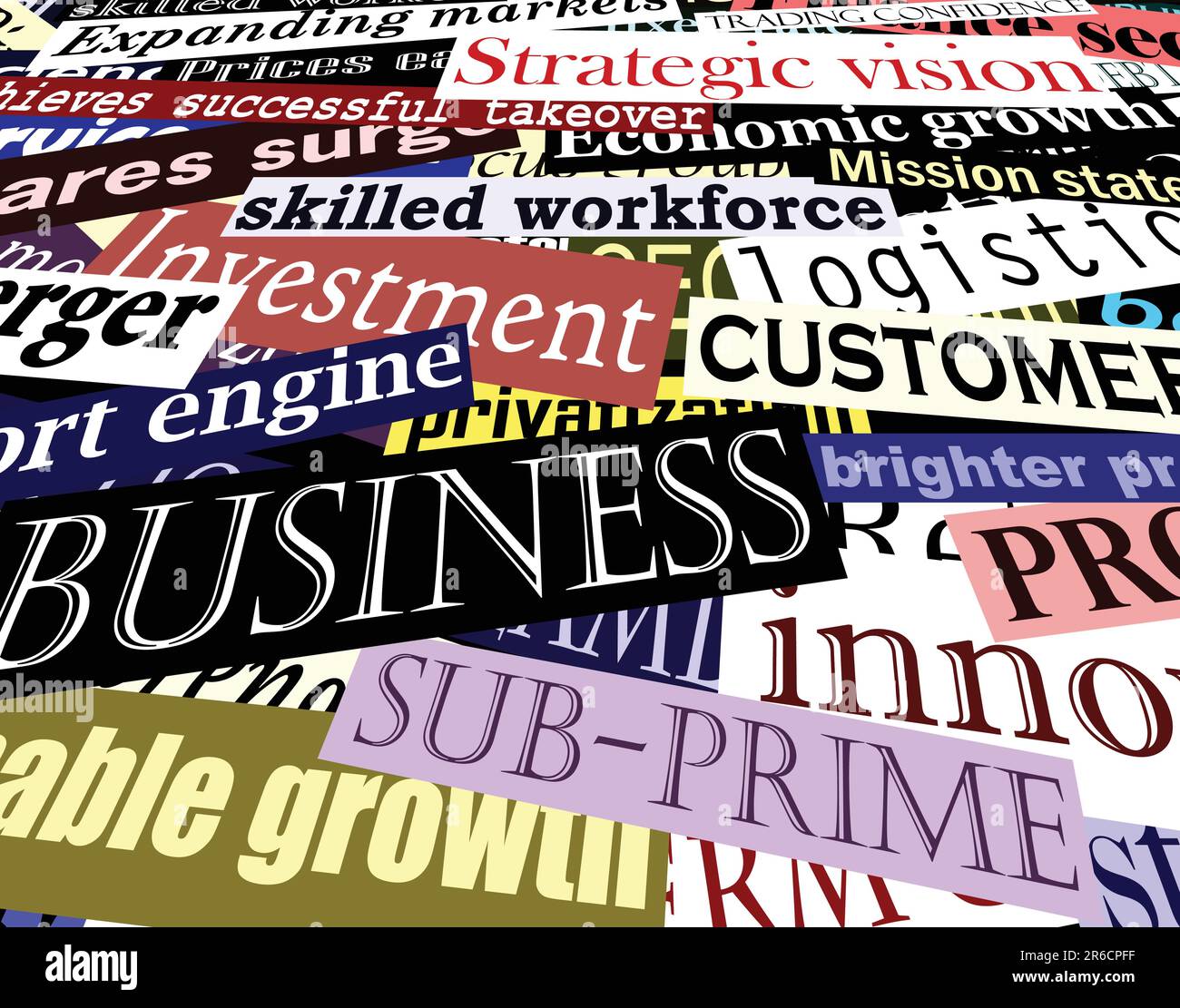 Editable vector illustration of business-related headlines with each ...