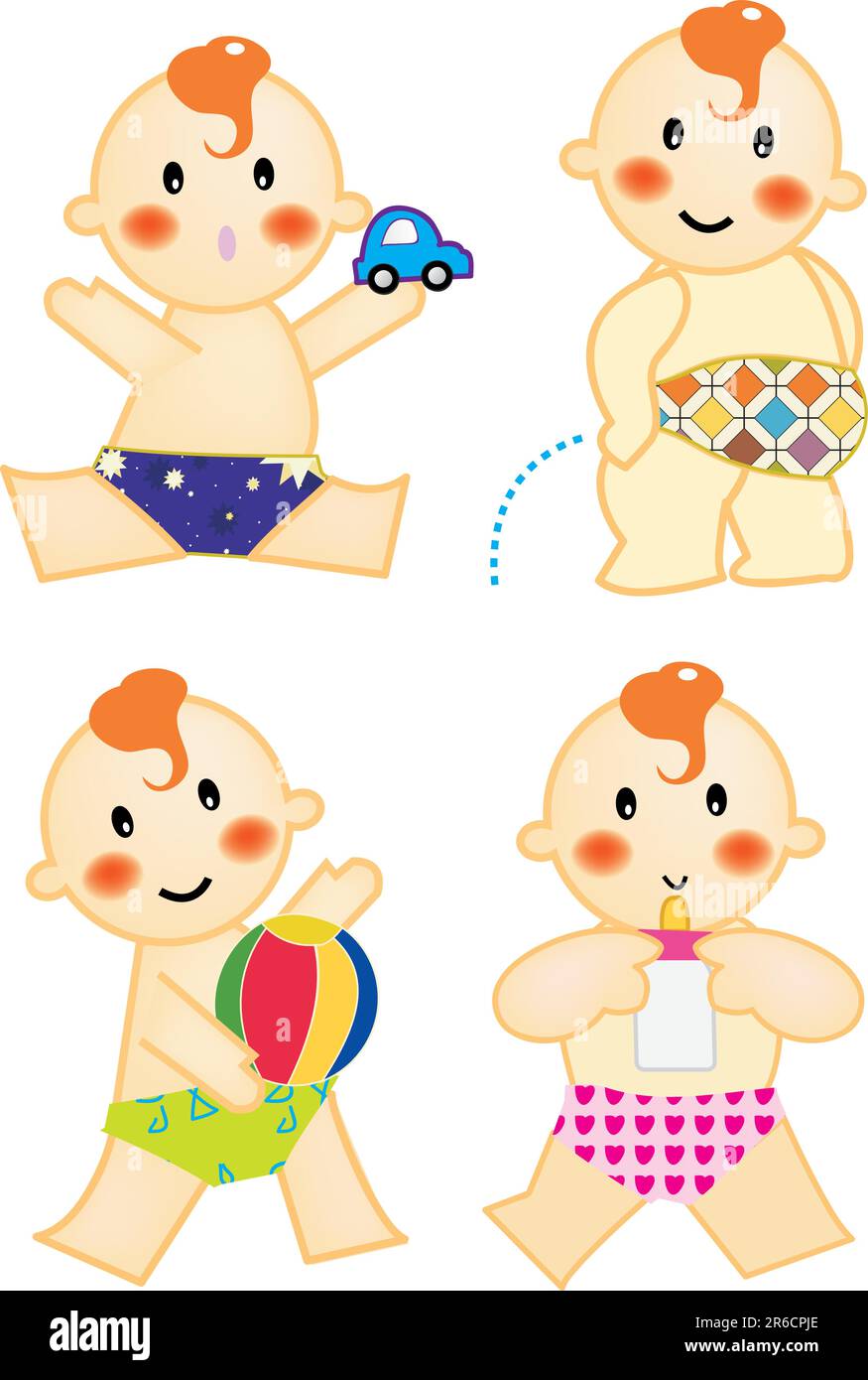A series of baby action, playing car & ball, pee, drinking milk, vector ...