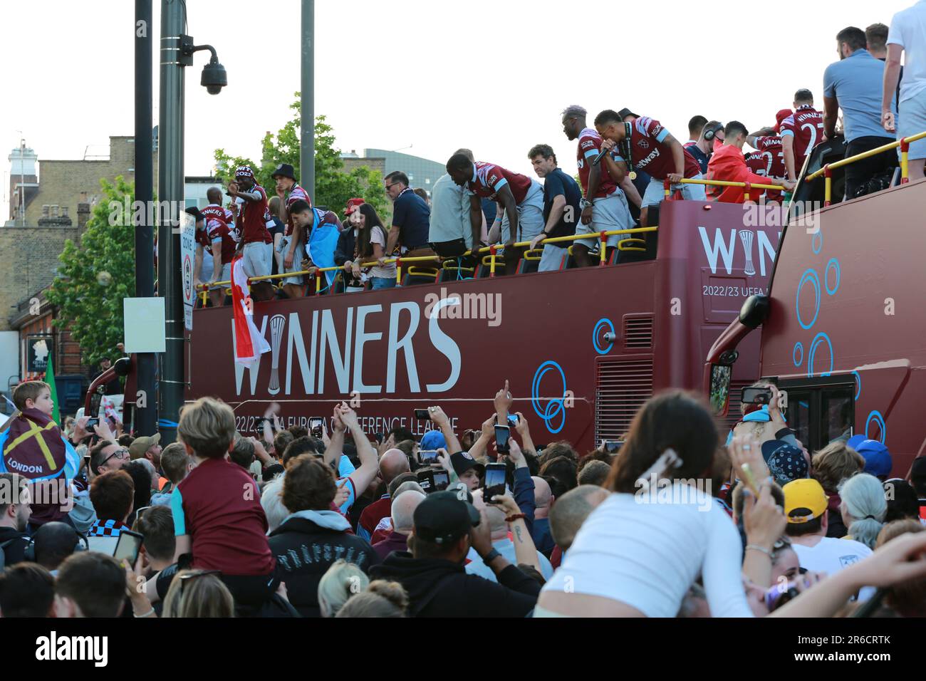 London, UK. 08 June 2023. West Ham United trophy parade after winning ...