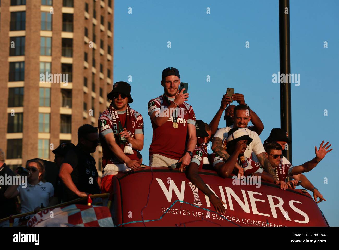 London, UK. 08 June 2023. West Ham United trophy parade after winning ...