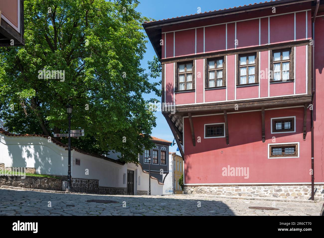 Typical street and houses at The old town of city of Plovdiv, Bulgaria ...