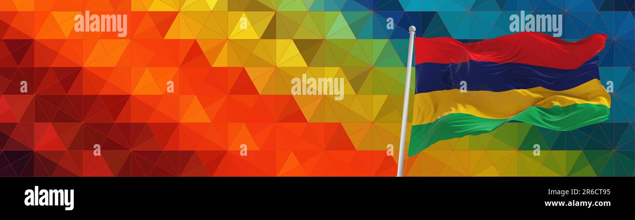 official flag of Mauritius waving at colorful background, panoramic ...