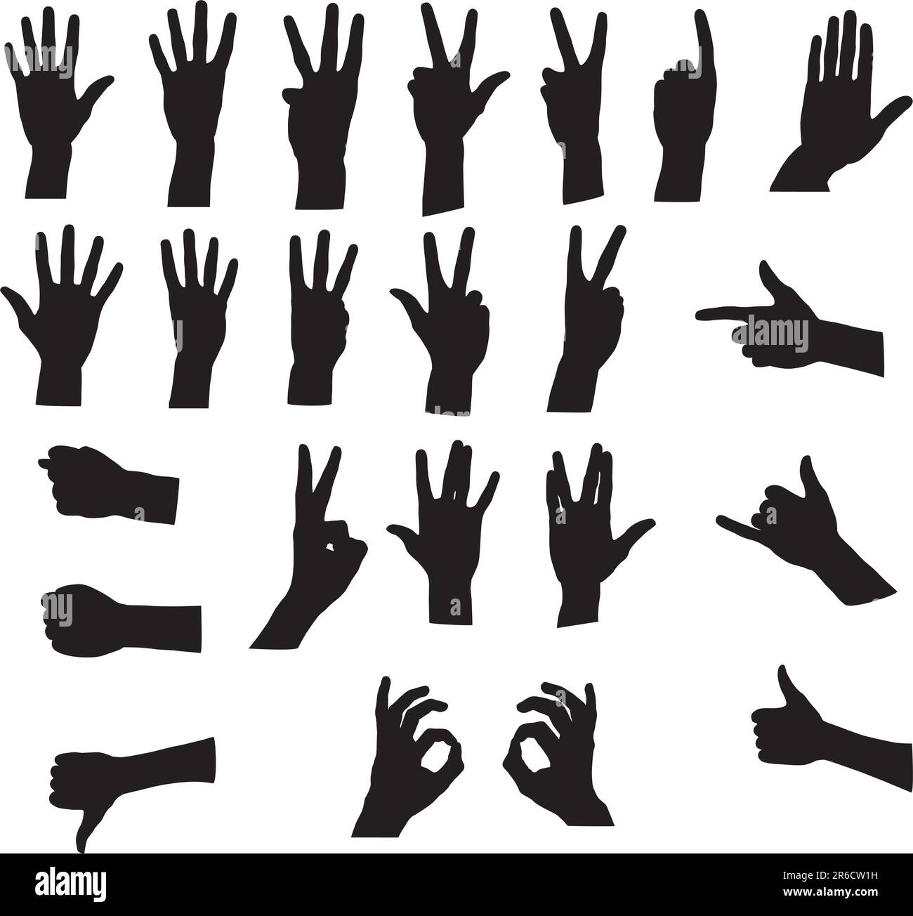 Gesture hand silhouette - black on white vector. Assorted hand ...
