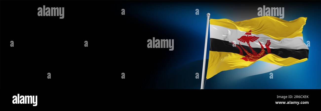 official flag of Brunei waving at colorful background, panoramic view ...