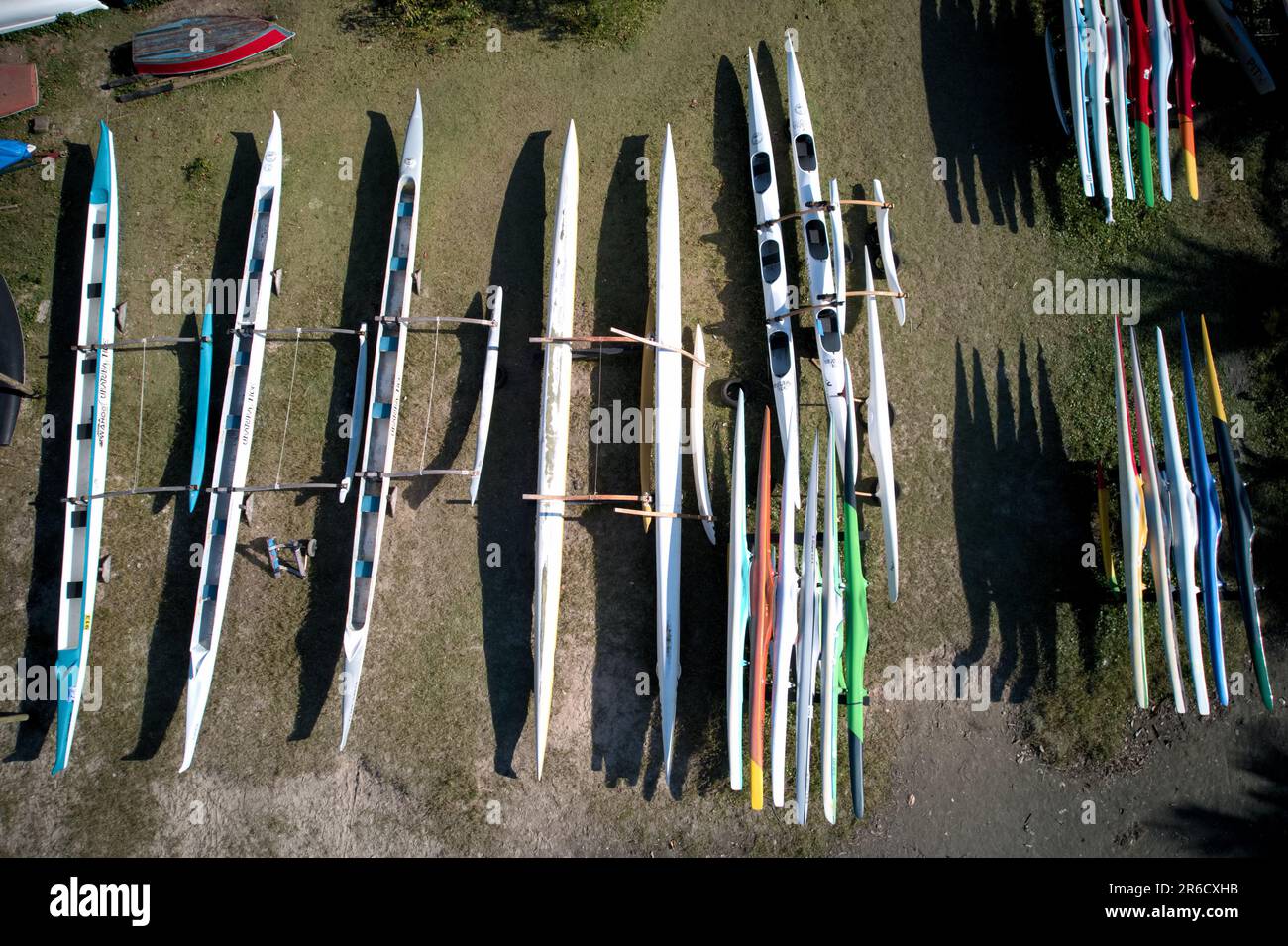 Competition Polynesian canoes at Itagua beach, Ubatuba, Brazil. Drone ...