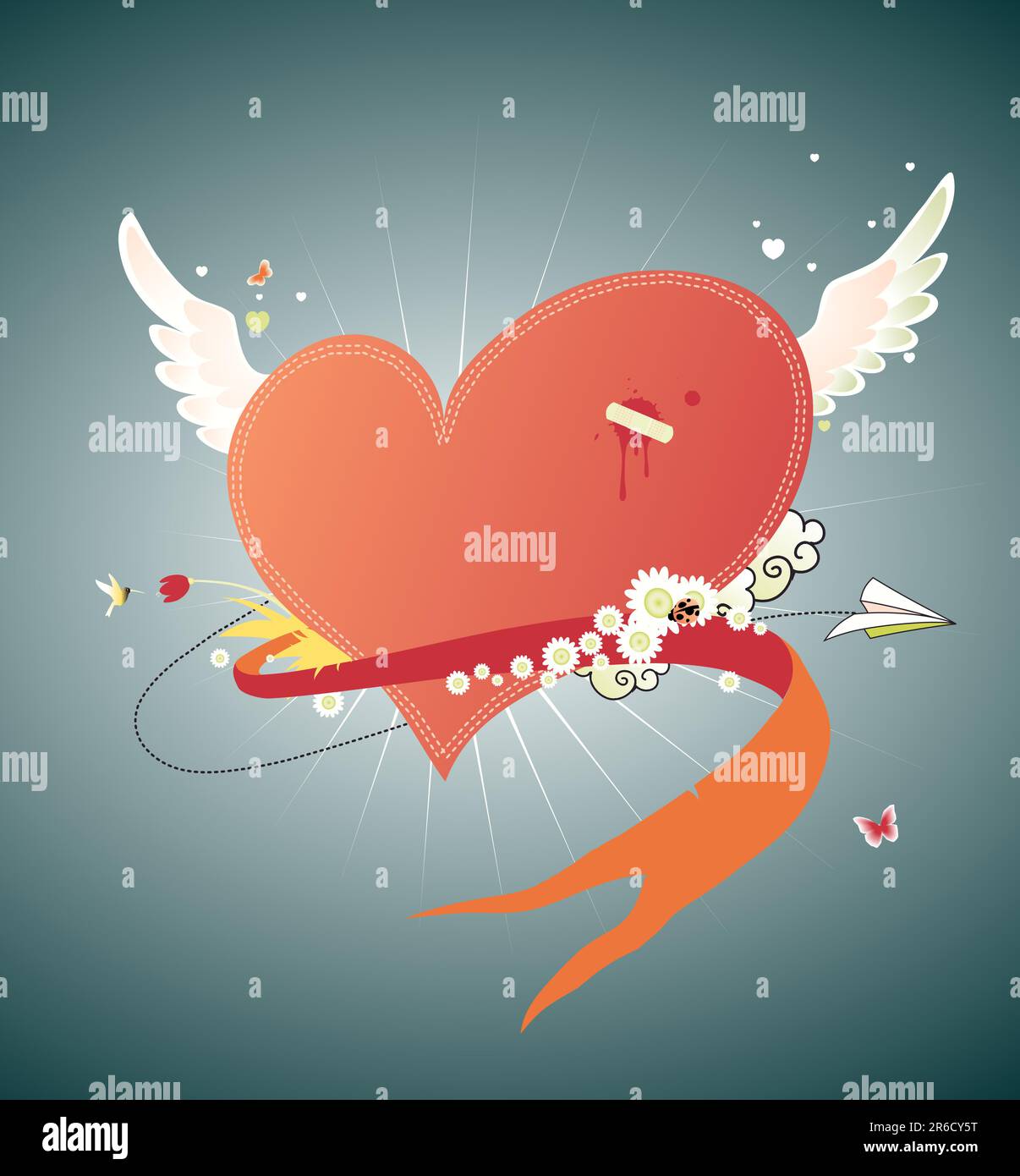 Vector illustration of Cool funky red heart flying in the sky. Great ...