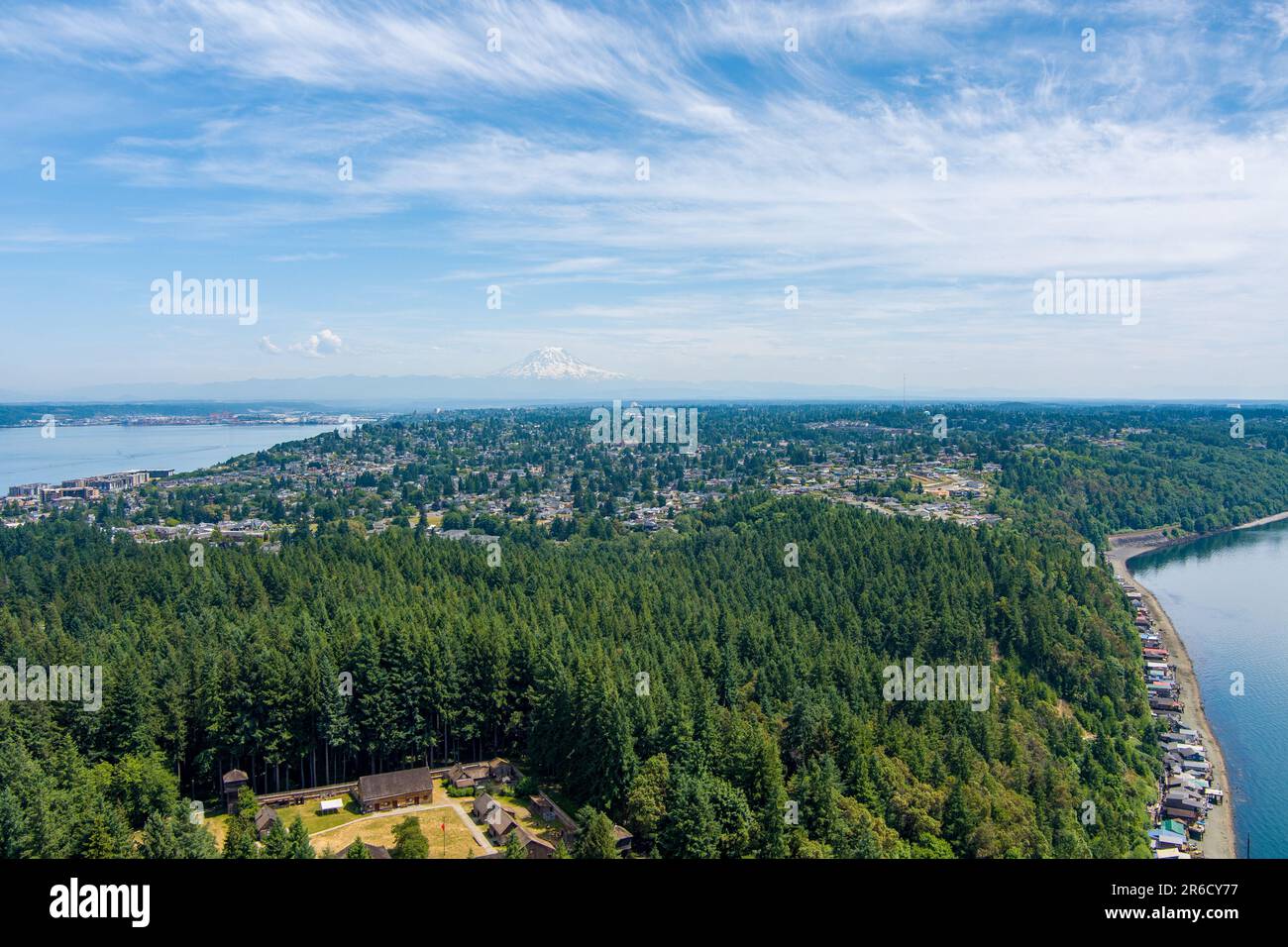 Aerial view of Point Defiance and Mount Rainier from above Tacoma ...