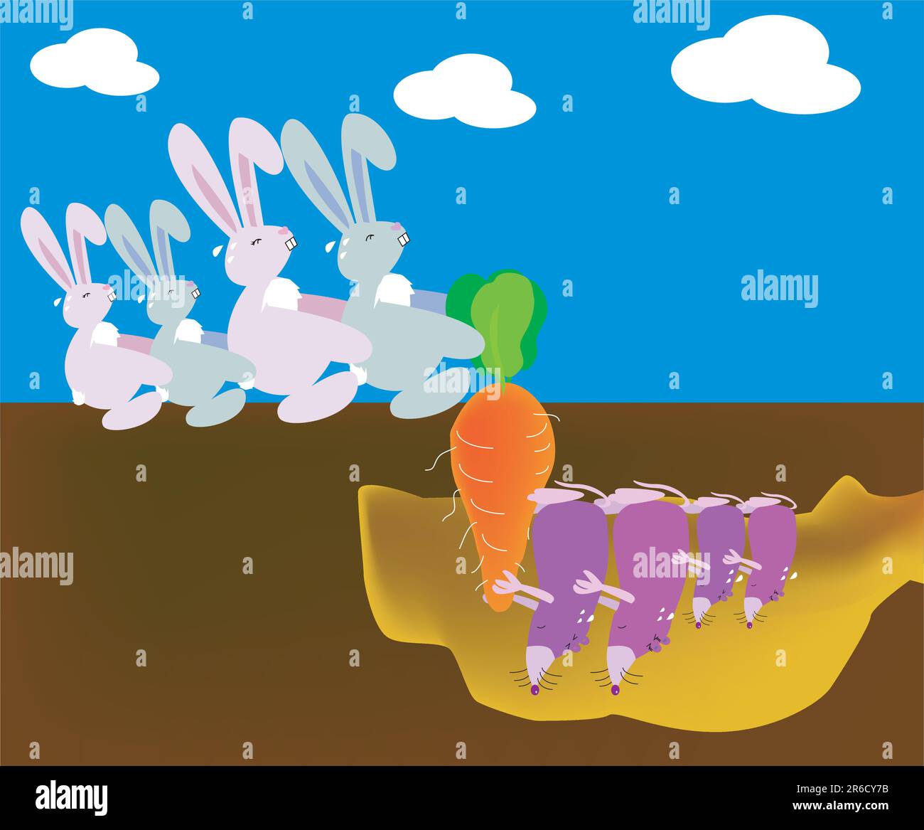 a vector, illustration for a rabbit's family try to pull out a carrot ...