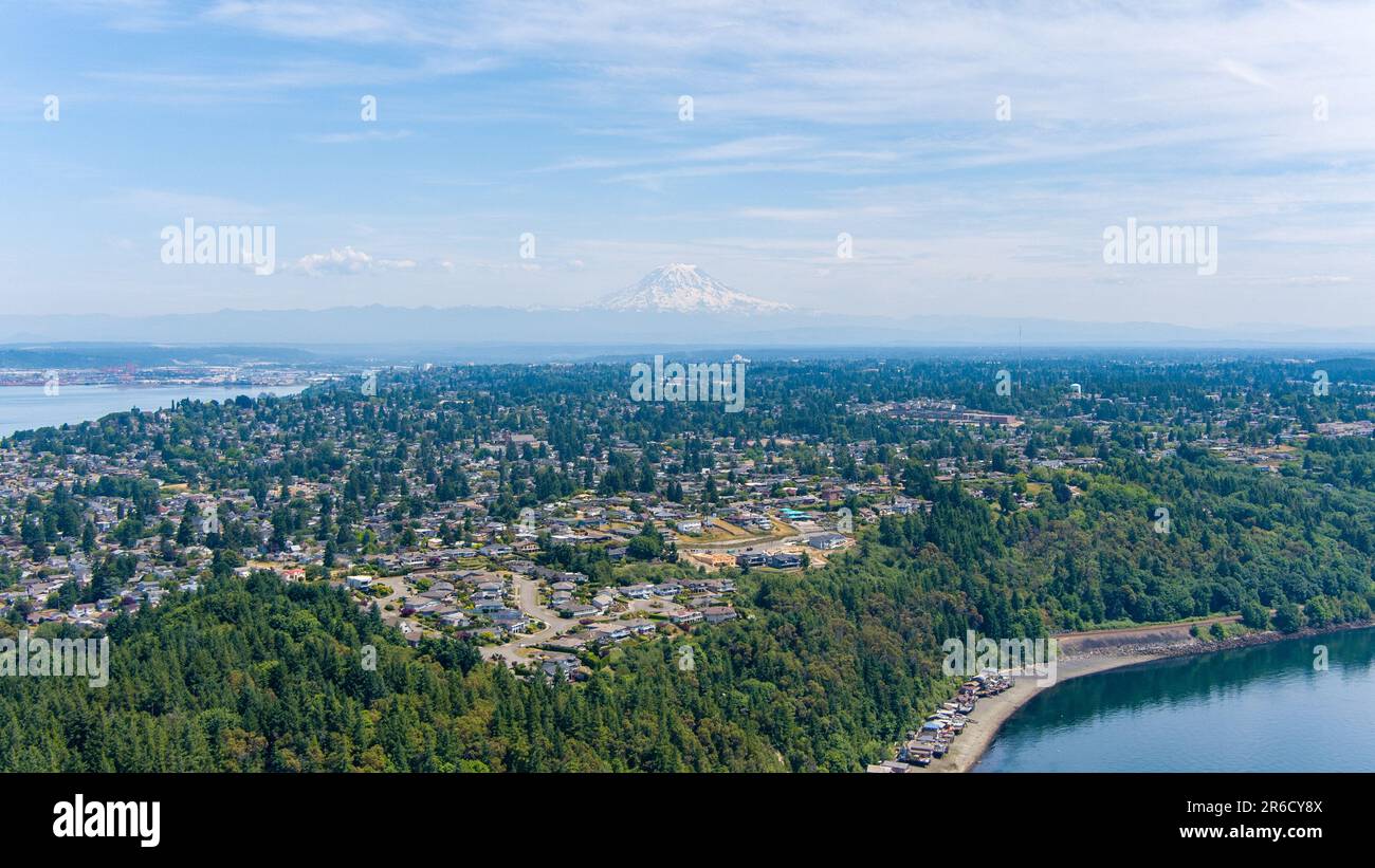 Aerial view of Point Defiance and Mount Rainier from above Tacoma ...