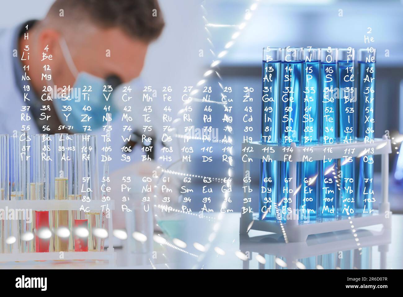 Scientist working in laboratory, test tubes with reagent and periodic ...