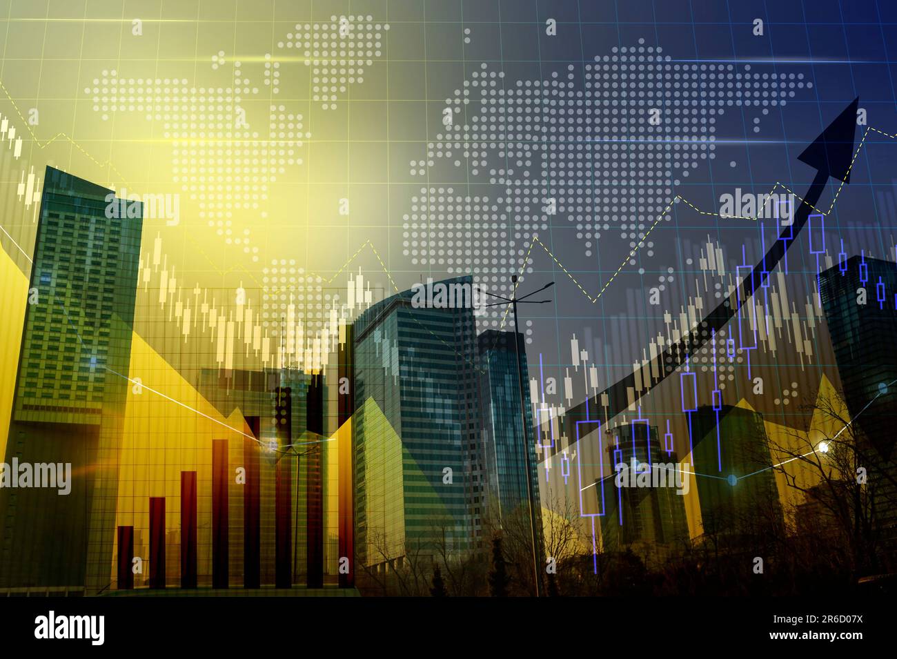 Stock exchange concept. Modern buildings, world map, charts and arrows ...