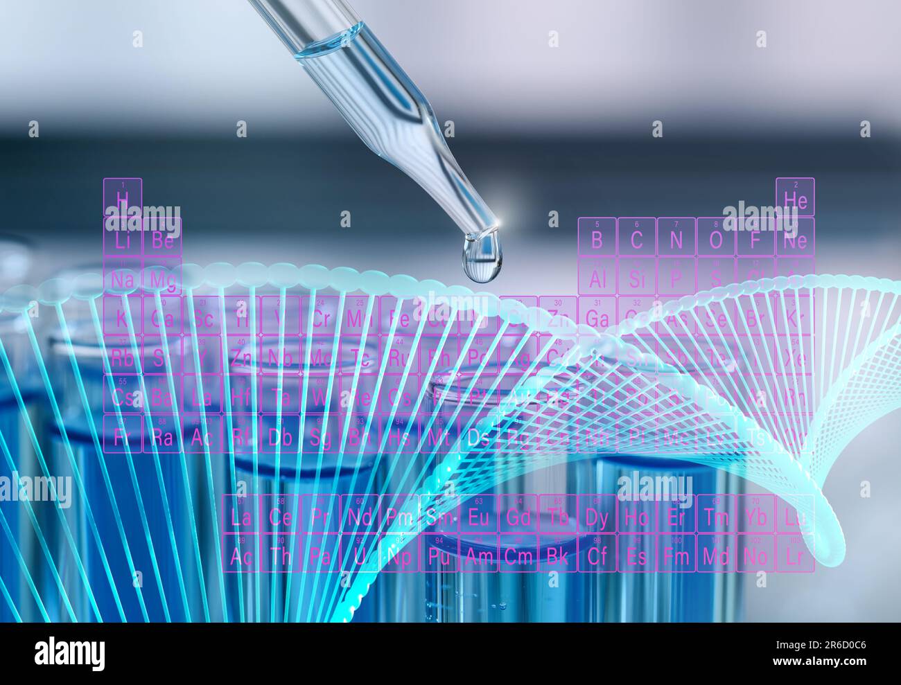Studying chemistry. Dripping reagent into test tube, periodic table and ...
