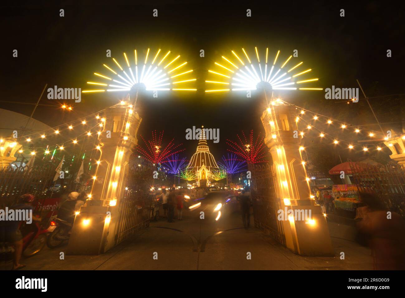 Colorful night lights at Wat Phra Pathom Chedi temple. The largest ...