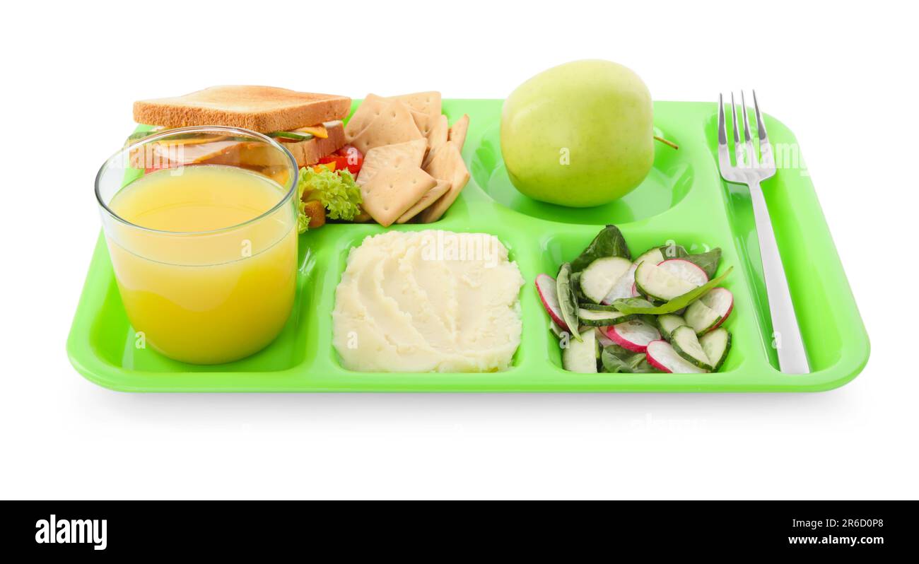 Serving tray with tasty healthy food and juice isolated on white ...