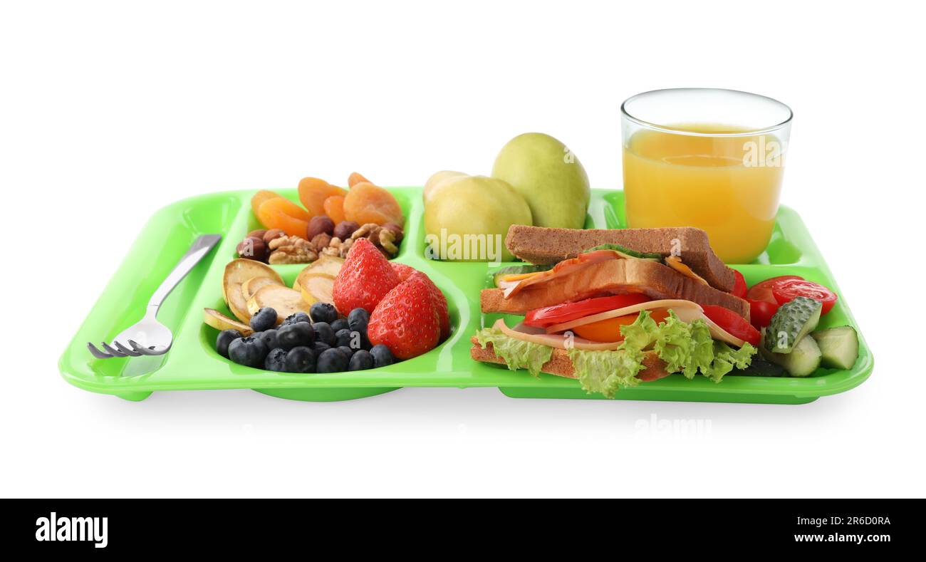 Serving tray with tasty healthy food and juice isolated on white ...