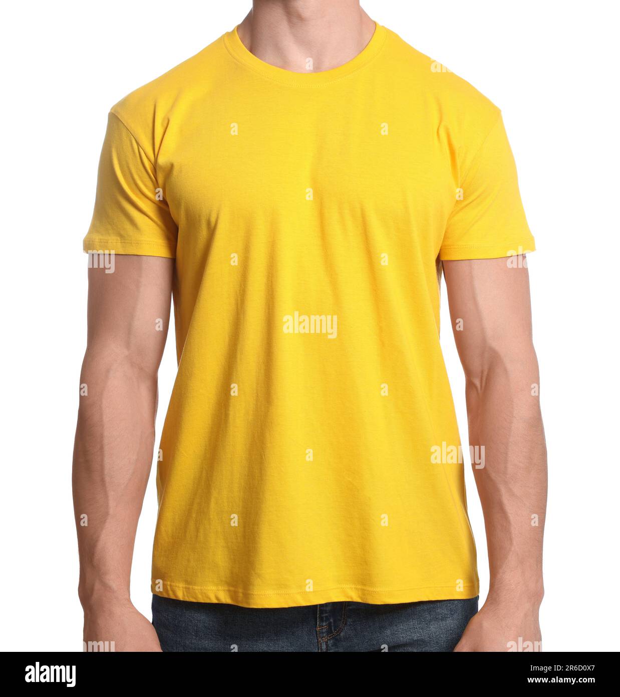 Man wearing yellow t-shirt on white background, closeup. Mockup for ...