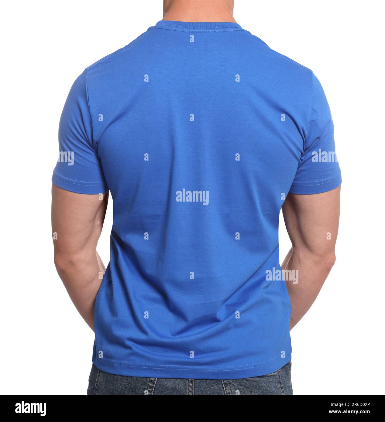 Man wearing blue t-shirt on white background, back view. Mockup for ...