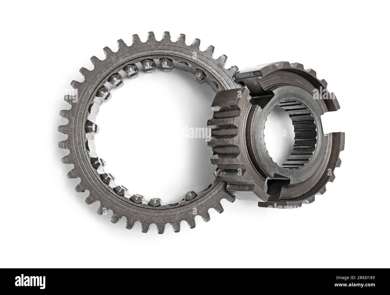 Stainless steel gears on white background, top view Stock Photo - Alamy