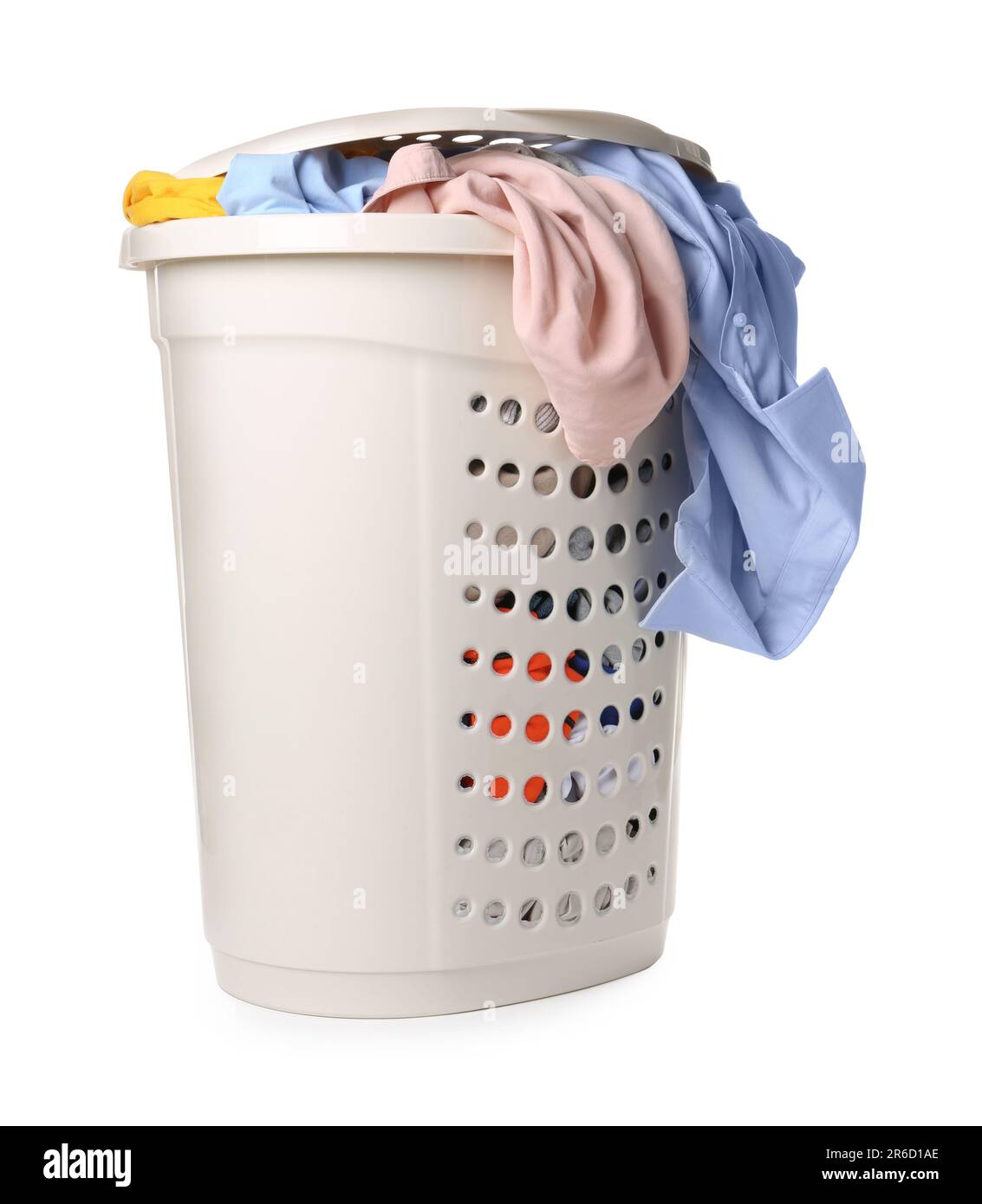 Plastic laundry basket full of clothes isolated on white Stock Photo ...