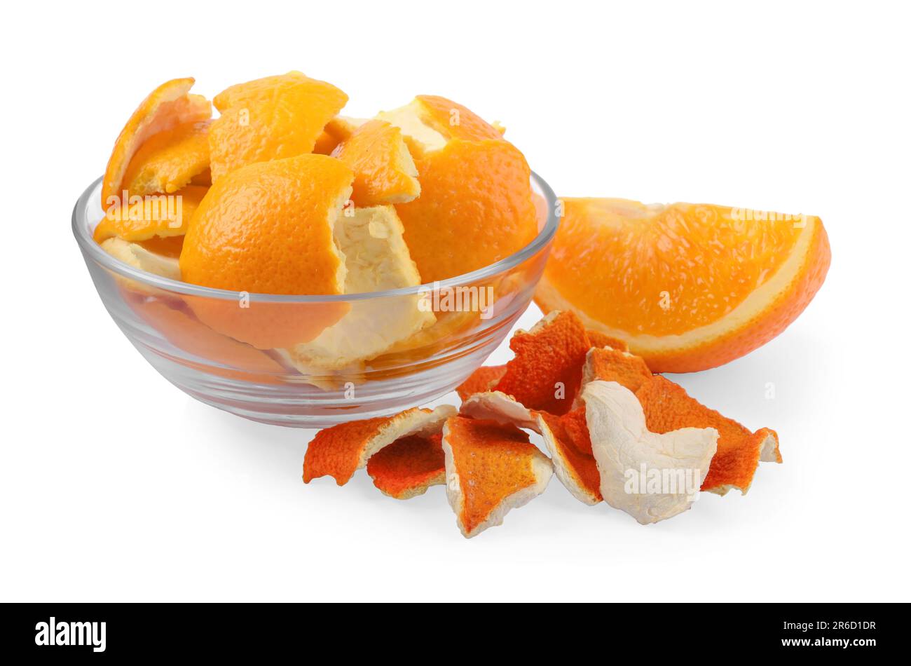 Dry orange peels and piece of fresh fruit isolated on white Stock Photo ...