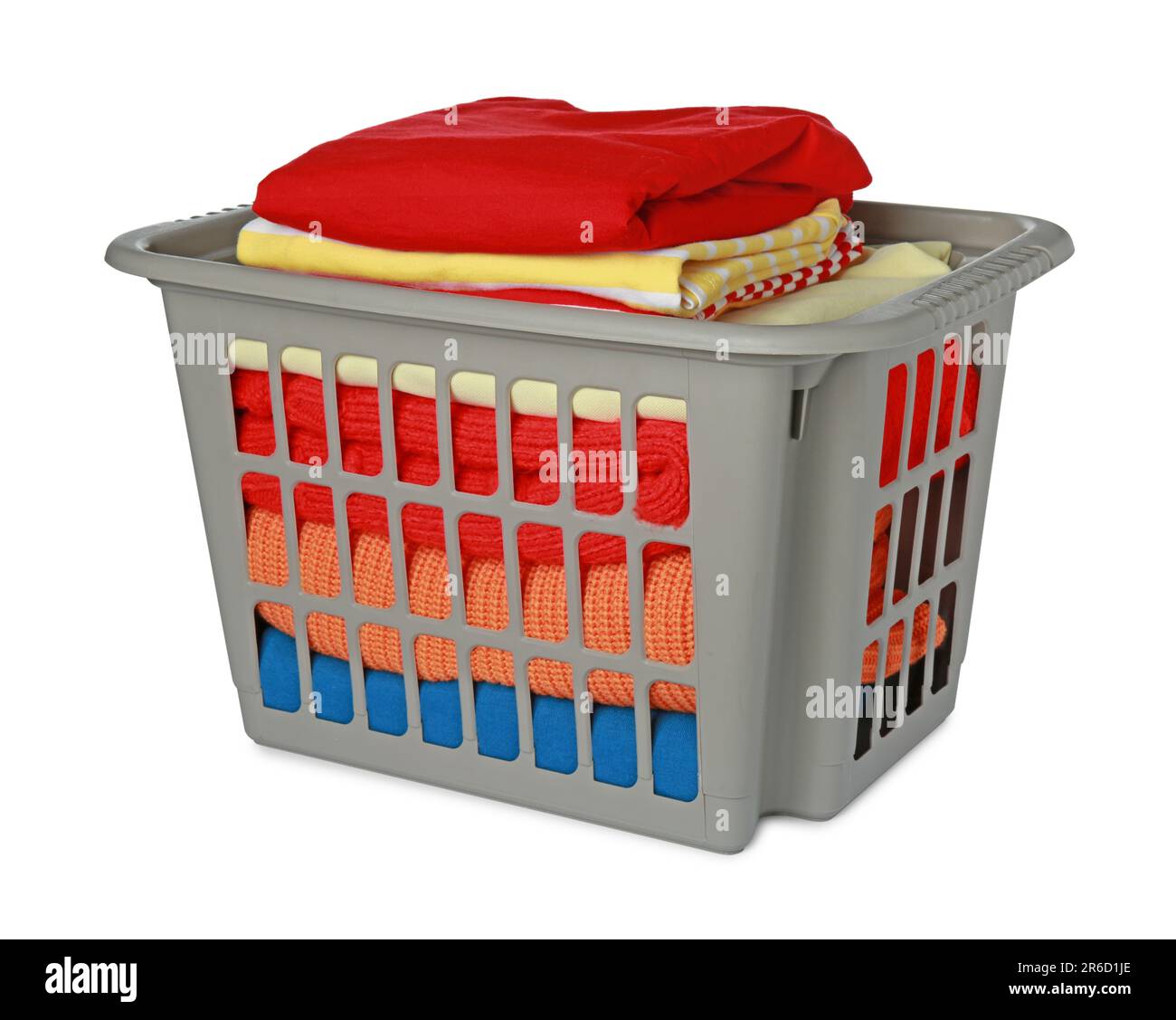 Plastic laundry basket with clean clothes isolated on white Stock Photo ...