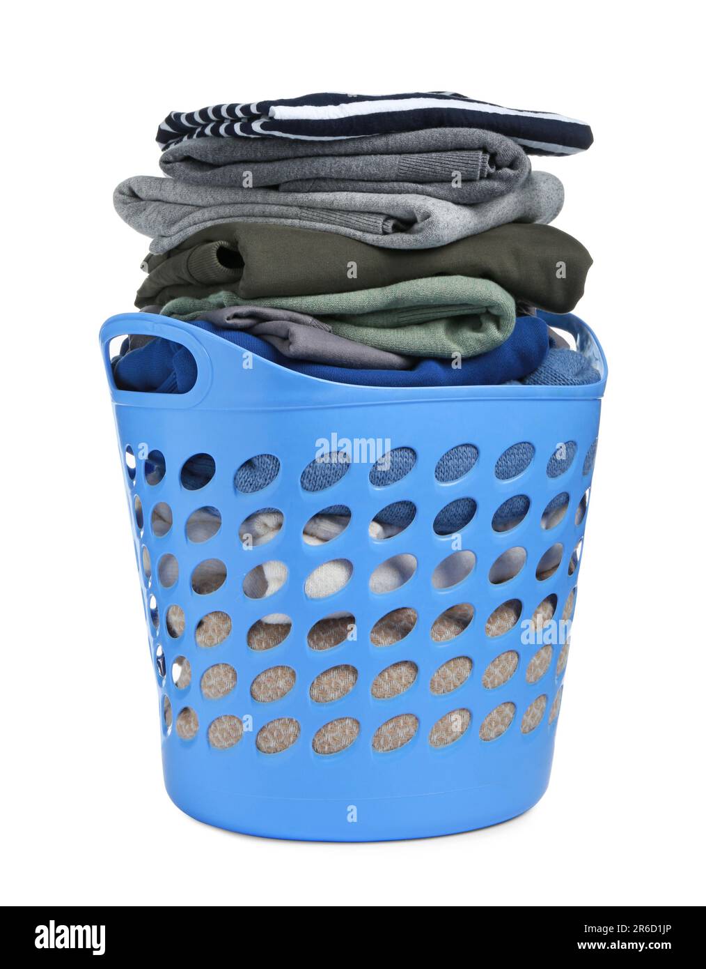Plastic laundry basket with clean clothes isolated on white Stock Photo ...