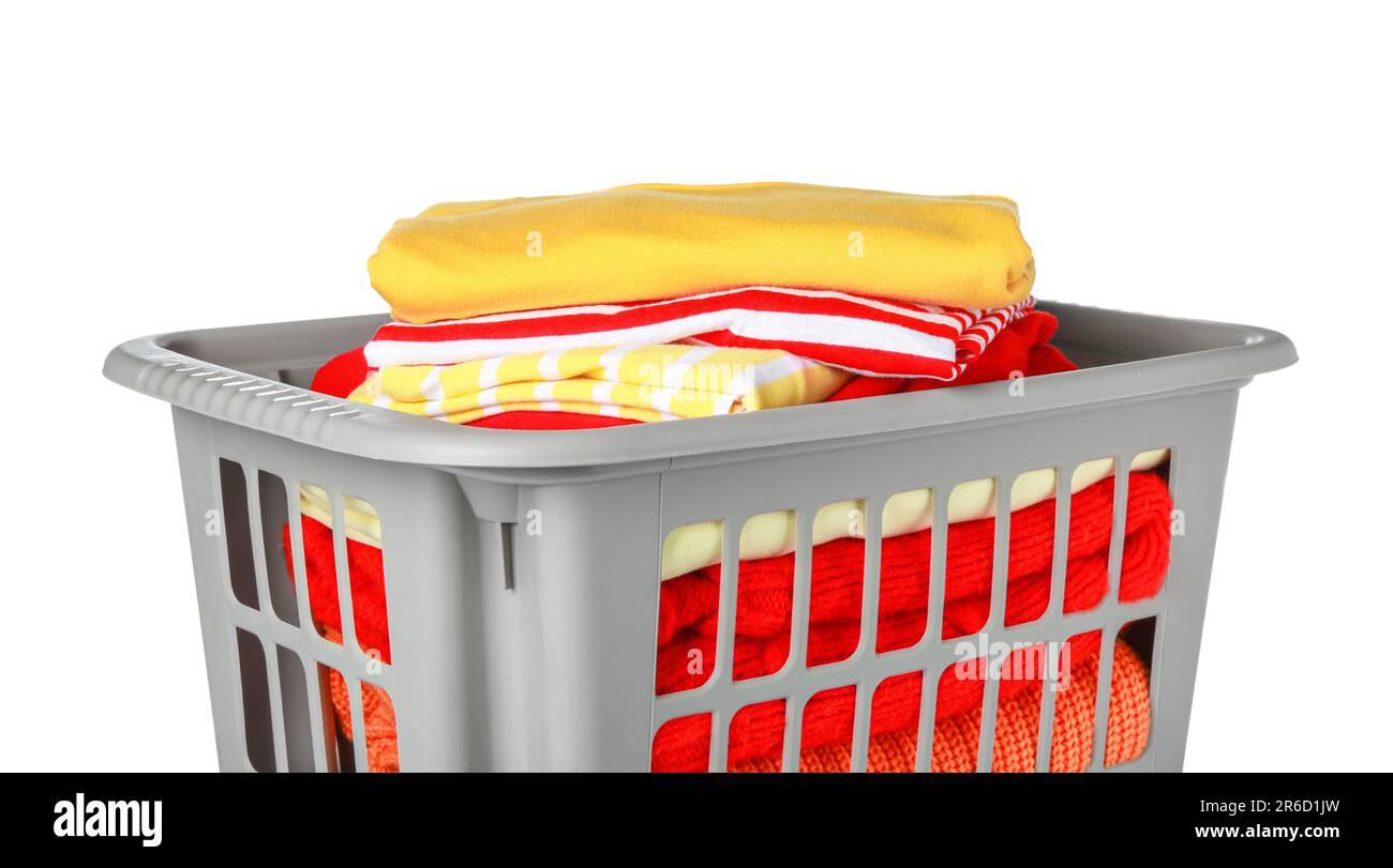 Plastic laundry basket with clean clothes isolated on white Stock Photo ...