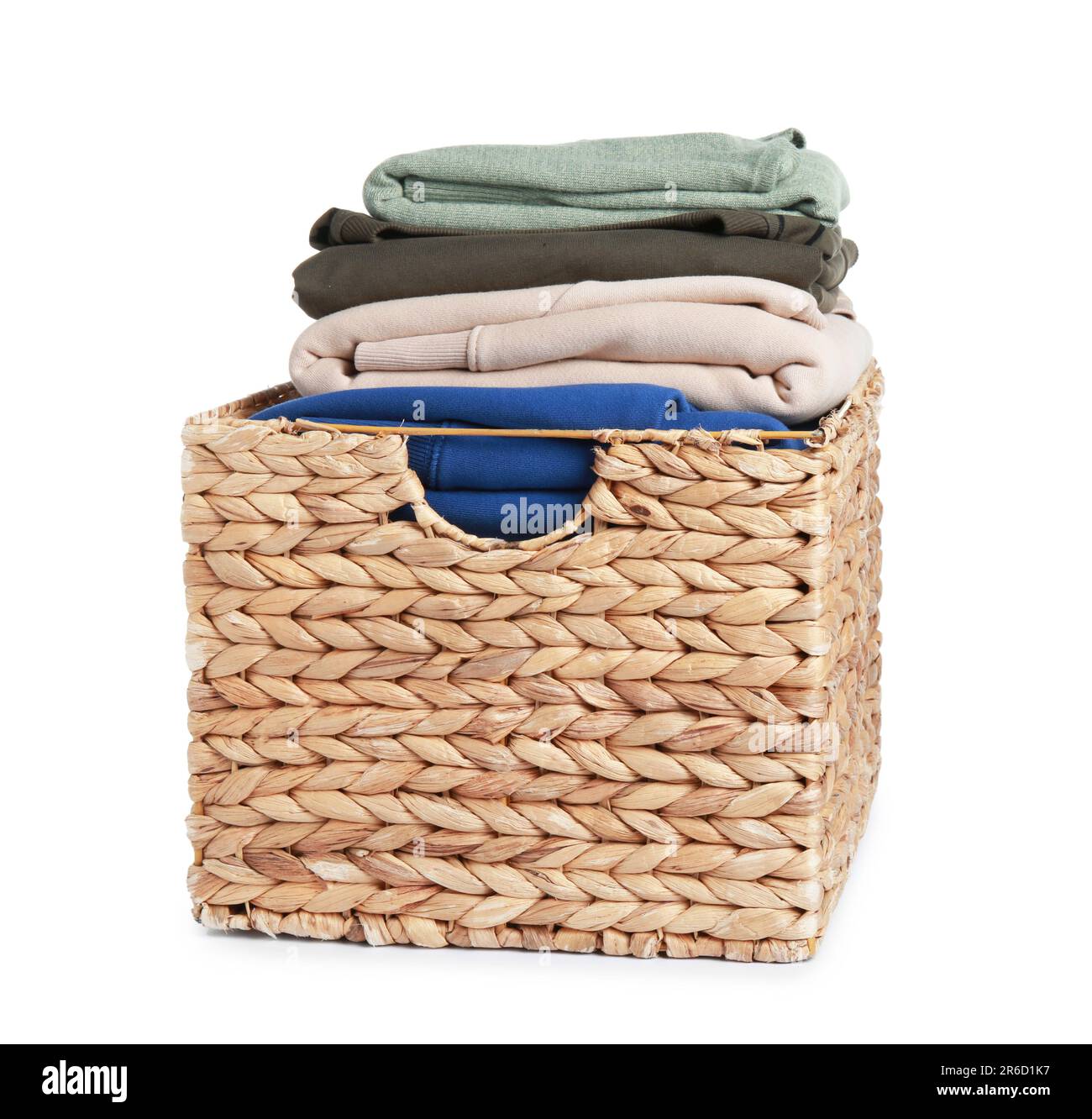 Wicker laundry basket with clean clothes isolated on white Stock Photo ...