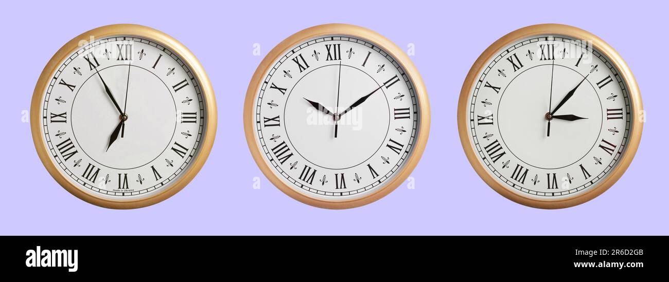 Stylish clock showing different time on pale purple background, collage ...