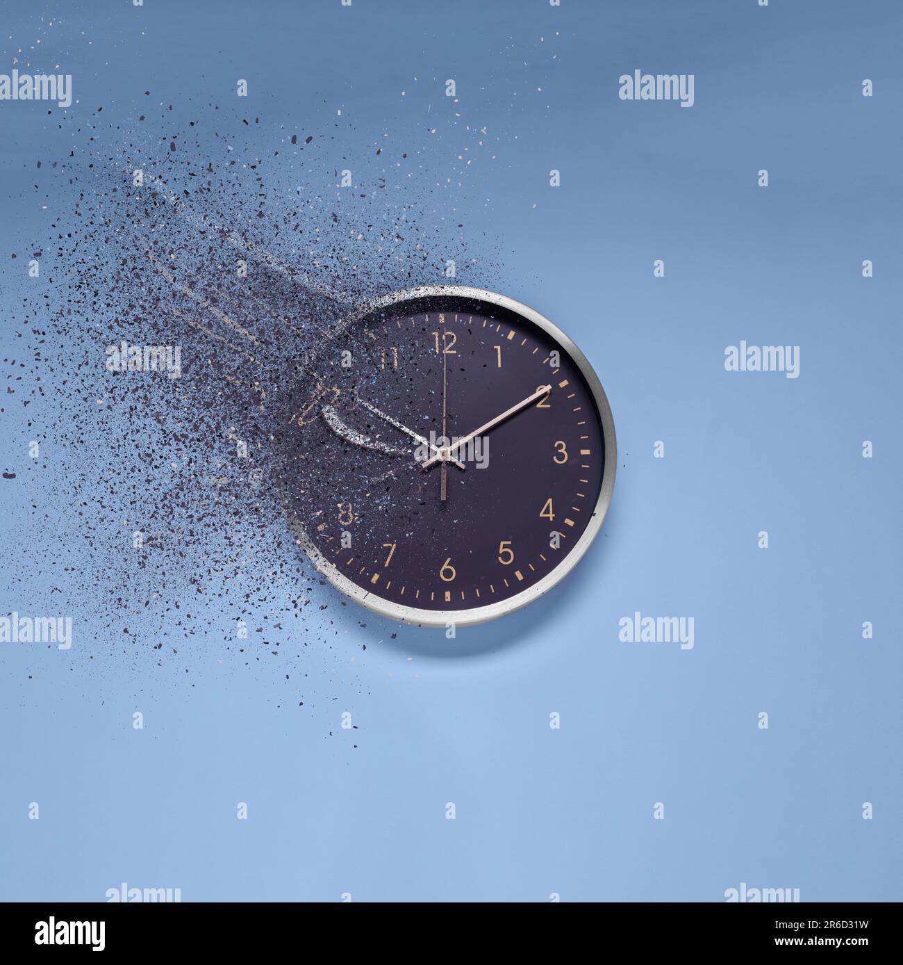 Flow of time. Analog clock dissolving on light blue background Stock ...
